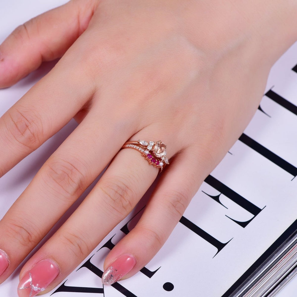 1.2ct Oval Morganite Three Stone Bridal Set 14K Gold | LOGR