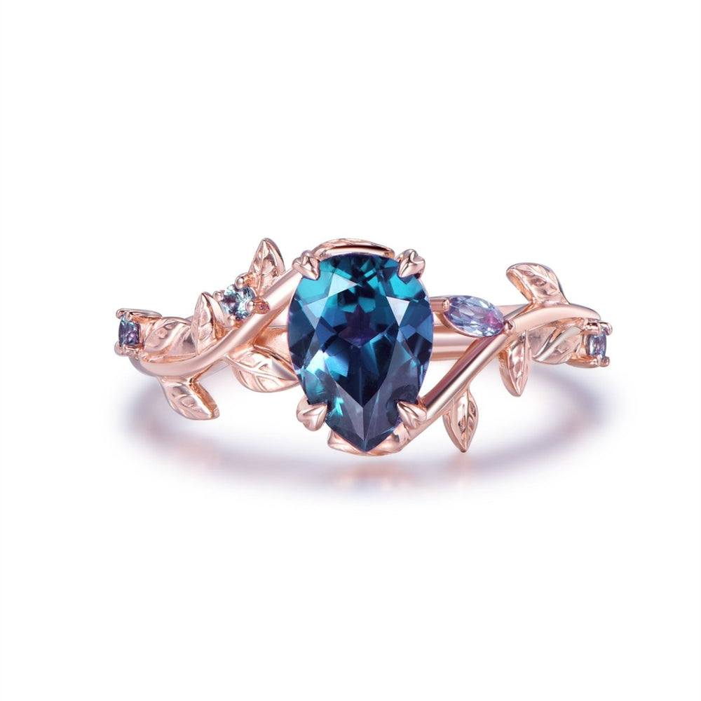 1.4ct Pear Alexandrite Vine Leaf Engagement Ring 14K Gold | LOGR