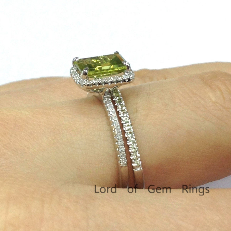 1.4ct Emerald Cut Peridot Engagement Ring Sets Pave Diamond / Peridot ...