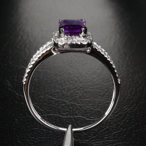 Emerald Cut Purple Amethyst Diamond Split Shank Engagement Ring 14K Gold