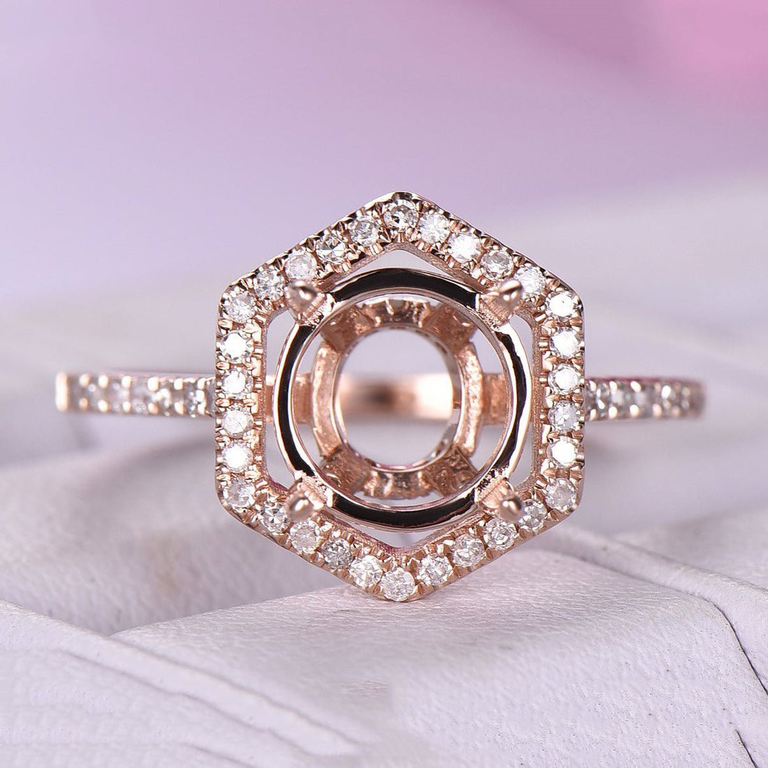 Hexagon Halo Semi Mount Ring Diamond Accent 14K Rose Gold