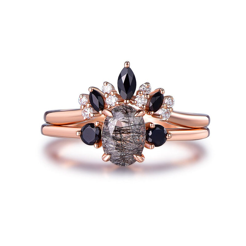 Oval Black Rutilated Quartz Black Spinel Vintage Bridal Set 14K Rose G