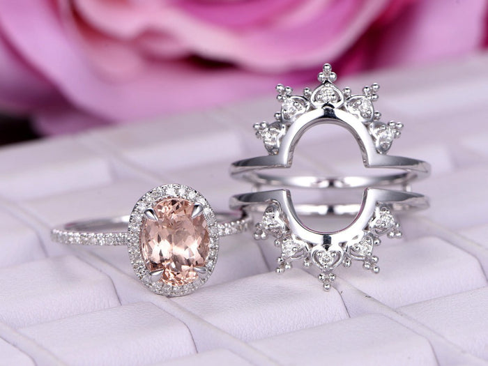 Oval Morganite Diamond Halo Moissanite Tiara Ring Set 14k White Gold