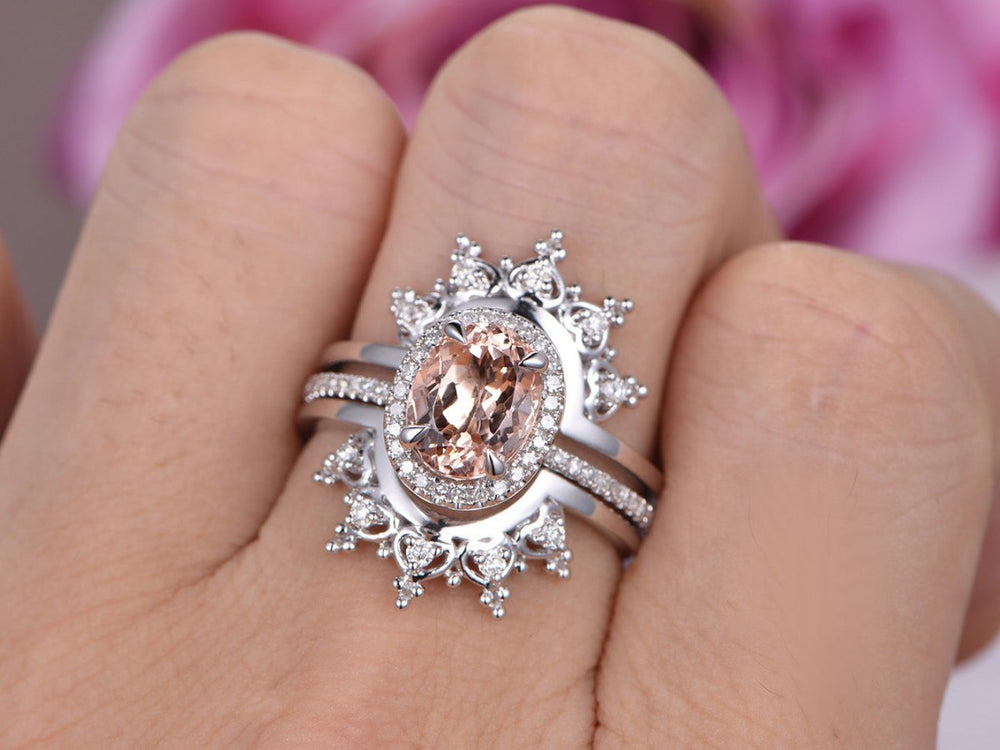 Oval Morganite Diamond Halo Moissanite Tiara Ring Set 14k White Gold