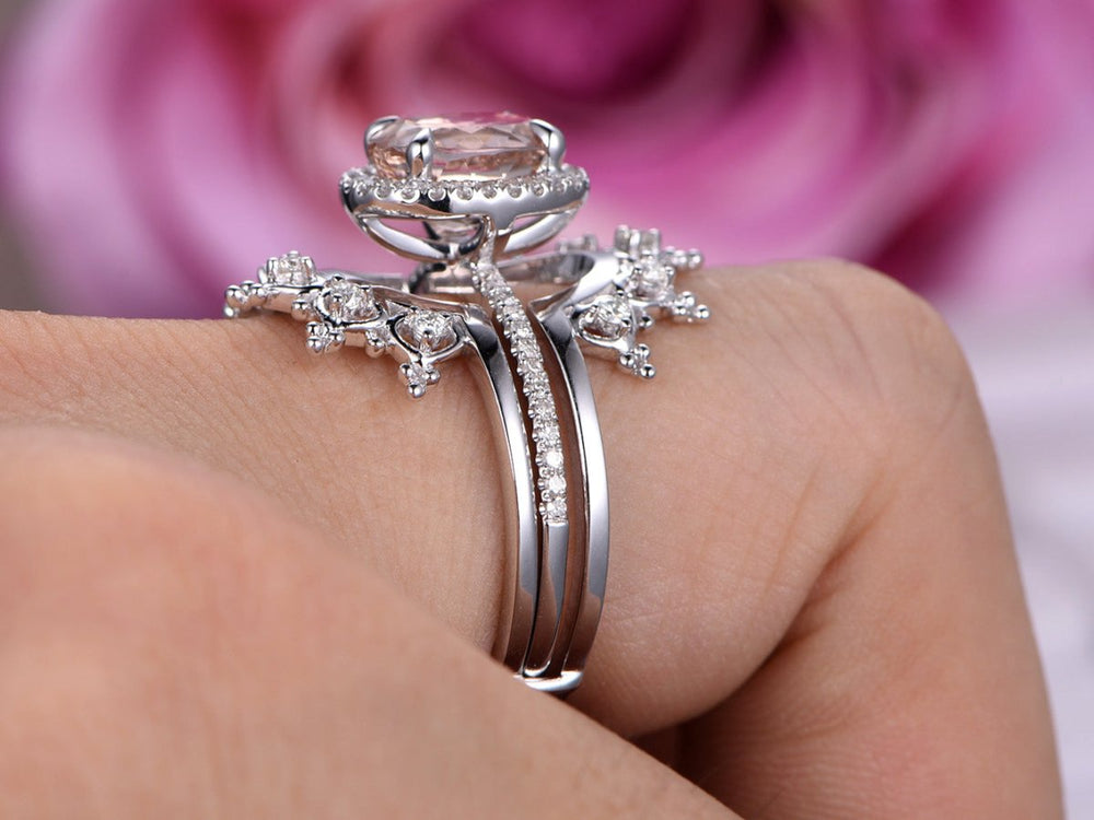 Oval Morganite Diamond Halo Moissanite Tiara Ring Set 14k White Gold