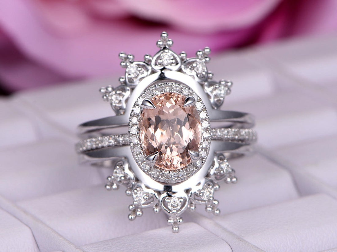 Oval Morganite Diamond Halo Moissanite Tiara Ring Set 14k White Gold