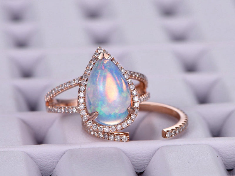26ct Pear Africa Opal Wedding Ring Set Open End Diamond Matching Band