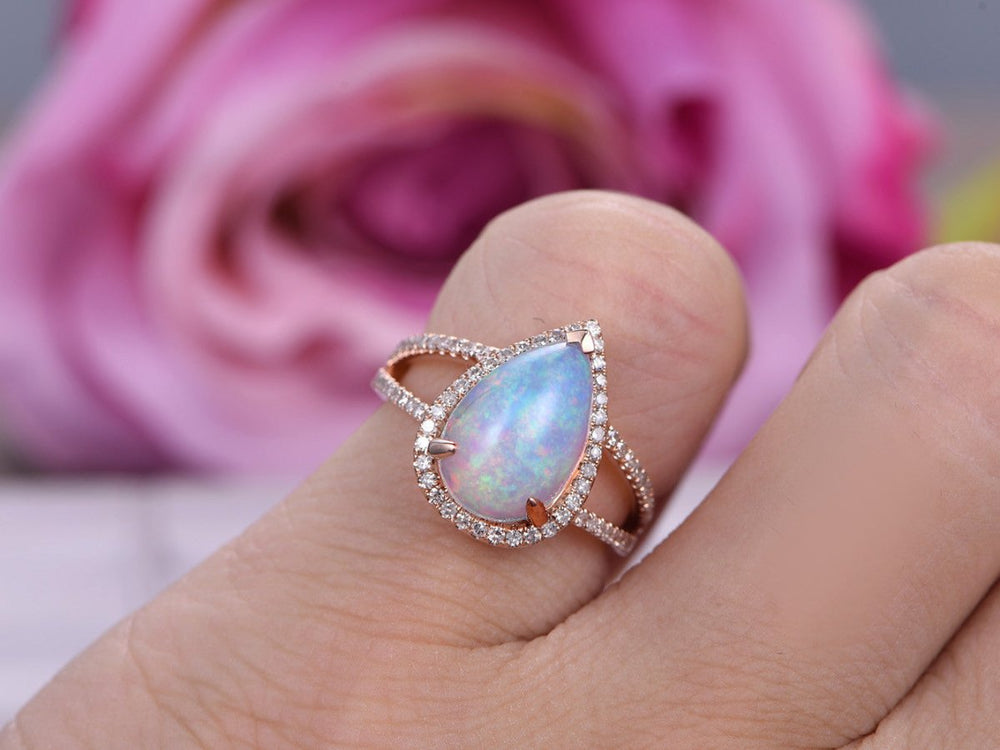 Pear Africa Opal Diamond Halo Split Shank Engagement Ring 14k Rose Gold