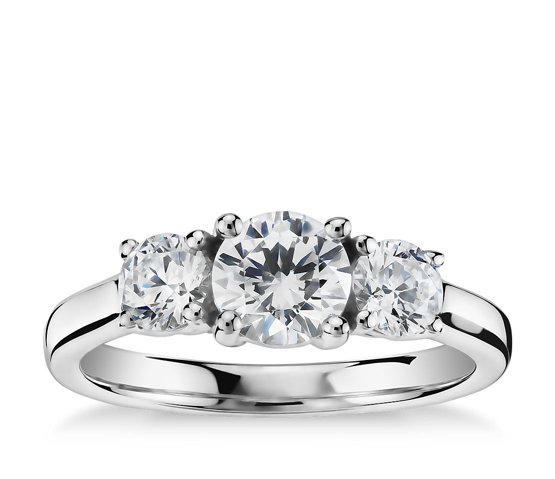 Custom classic three-stone semi mount ring in 18k white gold | LOGR