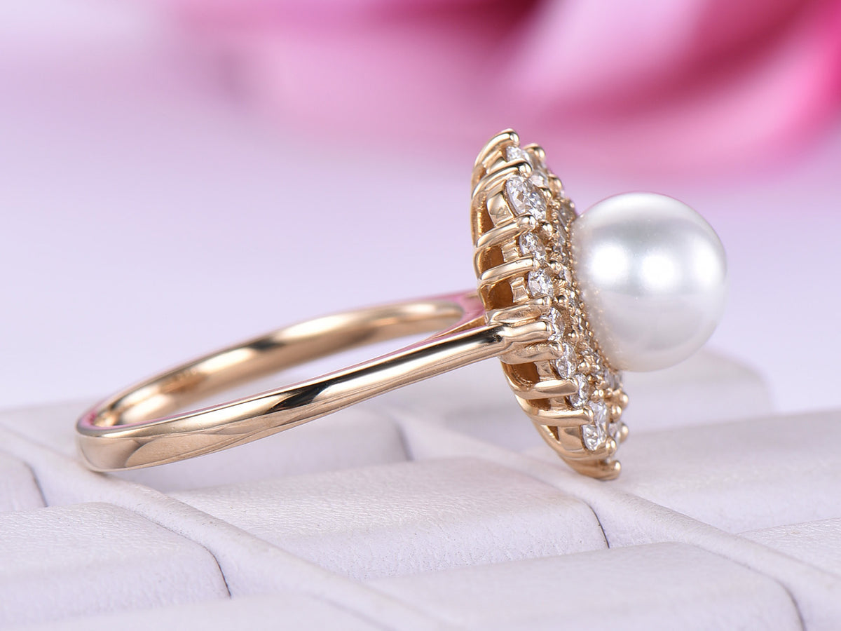 Round Pearl Engagement Ring Graduted Diamond Double Halo 14K Yellow Gold